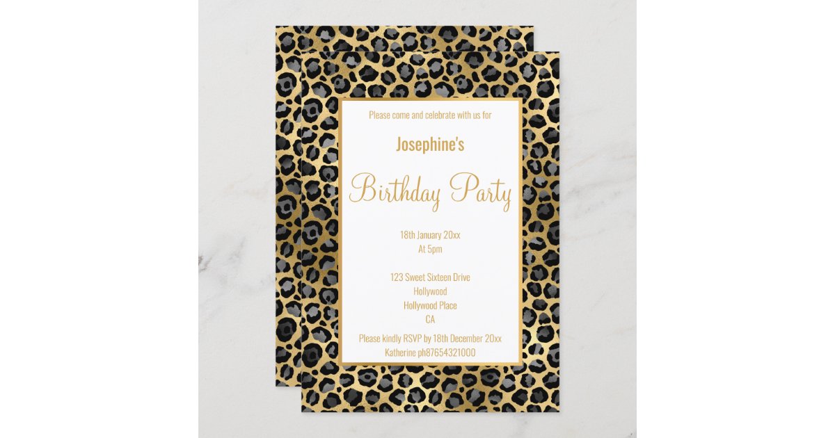 STUNNING BLACK & GOLD LEOPARD BIRTHDAY INVITATION | Zazzle