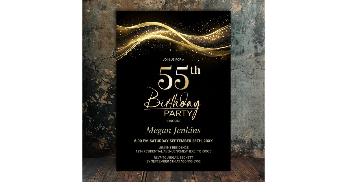 Stylish Black Gold 55th Birthday Party Invitation | Zazzle