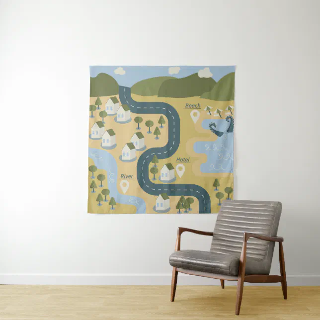 Stylish cartoon landscape vacation travel map tapestry | Zazzle