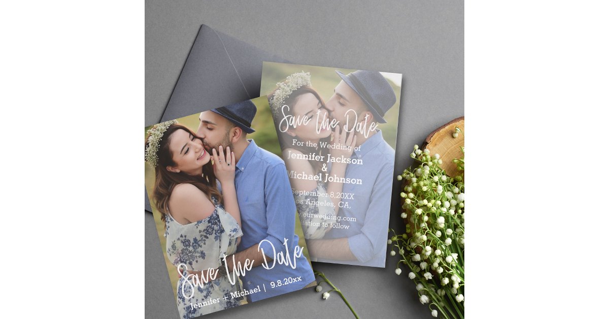 stylish handwriting 2 photos save the date card | Zazzle