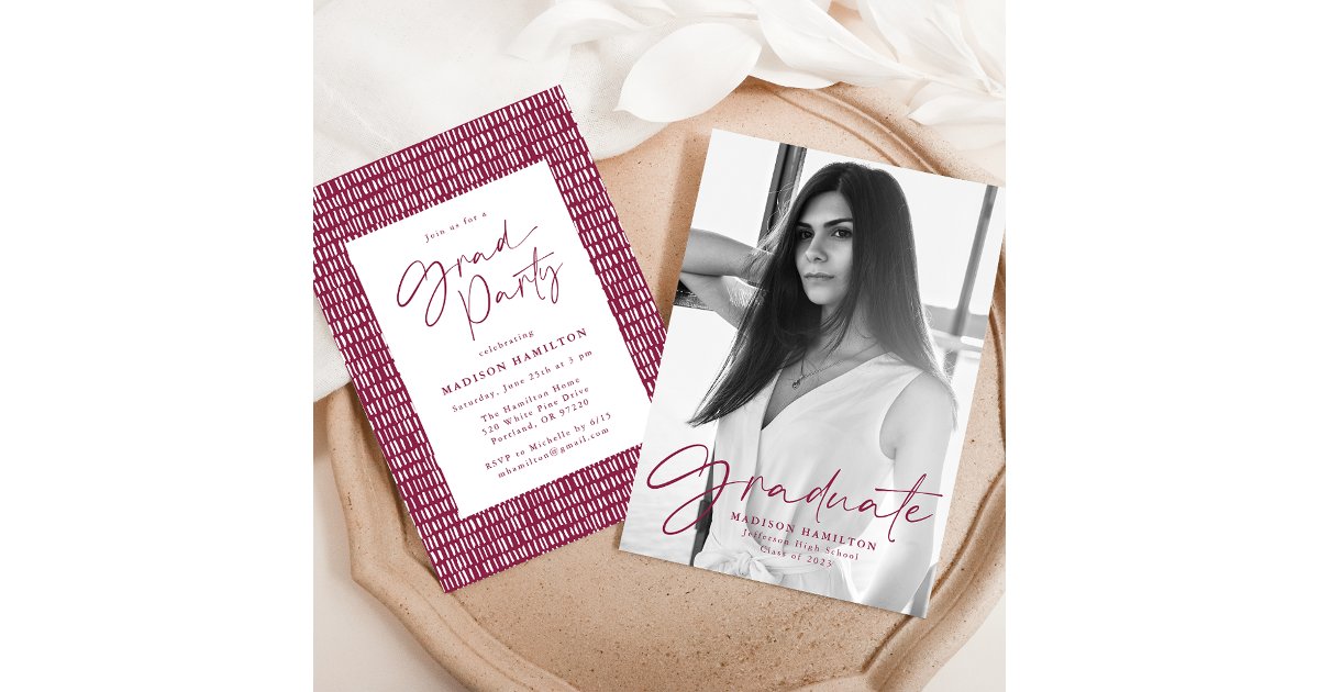 Stylish Maroon Script Photo Graduation Party Invitation | Zazzle