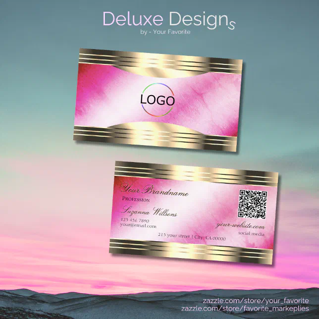 Stylish Pink Marble Gold Borders Logo and QR Code Business Card | Zazzle