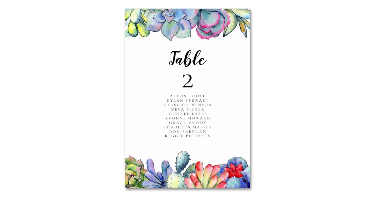 Succulent cactus watercolor seating chart cards | Zazzle