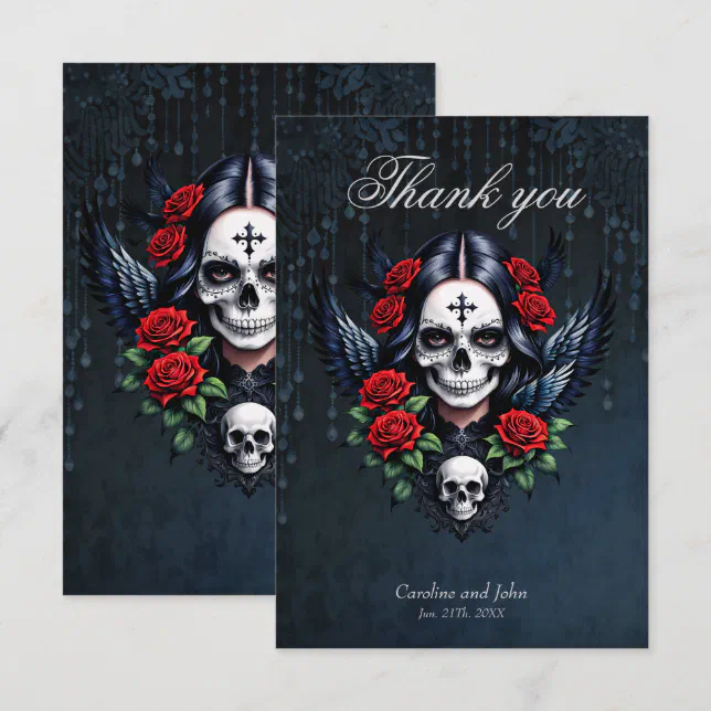 Sugar Skull Angel with Roses. Thank You Card | Zazzle