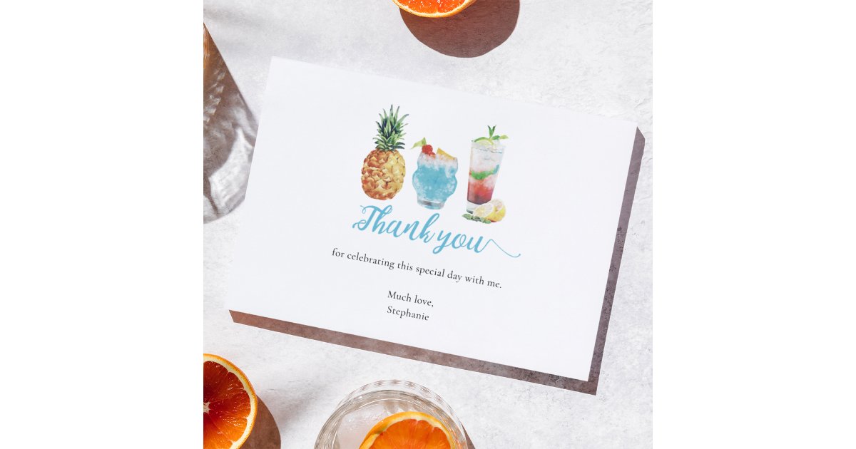 Summer Blue Watercolor Cocktail Birthday Party Thank You Card | Zazzle