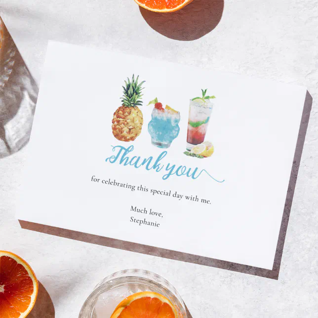 Summer Blue Watercolor Cocktail Birthday Party Thank You Card | Zazzle
