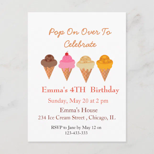 Summer Colourful Ice cream Birthday party Invitation Postcard | Zazzle