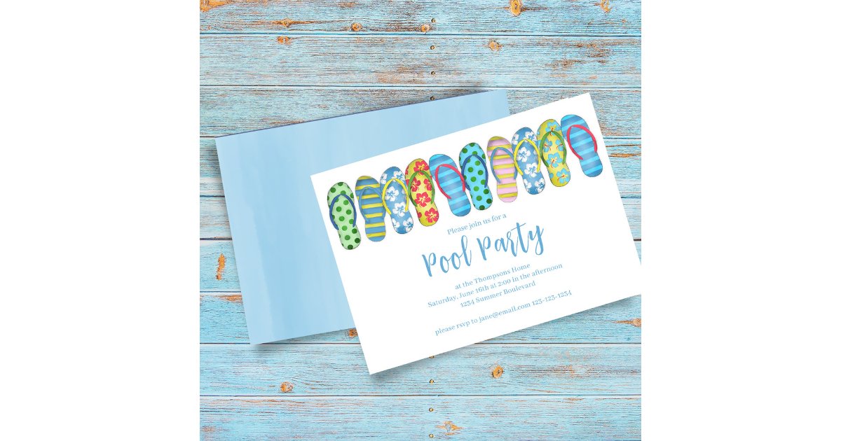 Summer Pool Party Cust Flip Flops Invitation | Zazzle