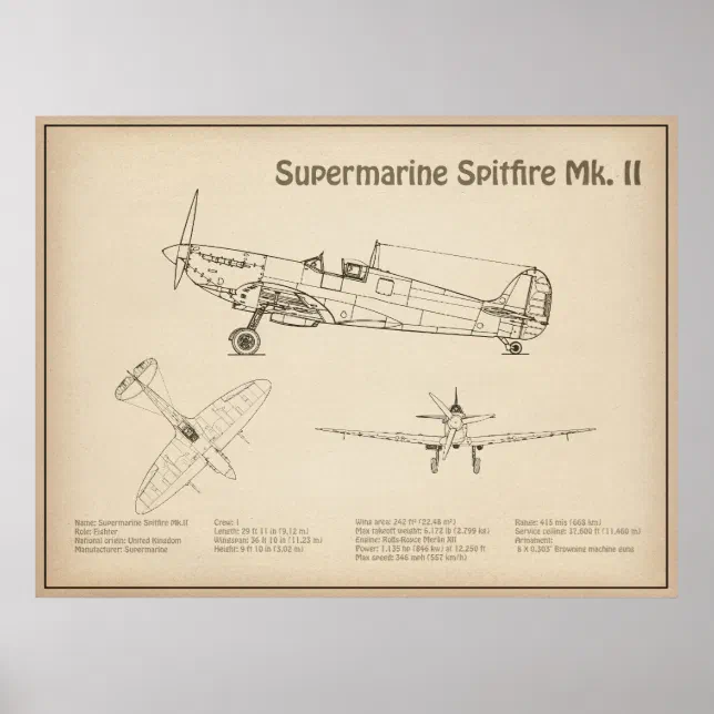 Supermarine Spitfire - Aeroplane Blueprint SD Poster | Zazzle
