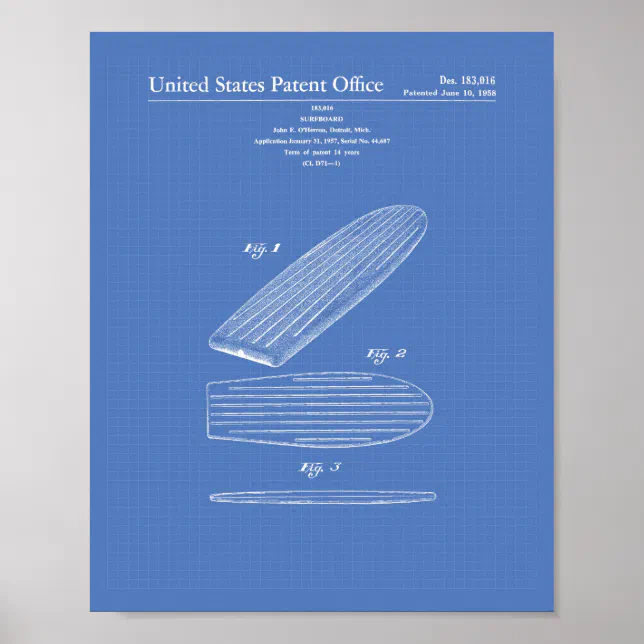 Surfboard 1958 Patent Art Blueprint Poster | Zazzle
