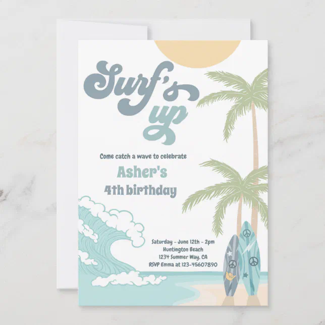 Surfs Up Retro Surf Beach Birthday Party Invitation | Zazzle