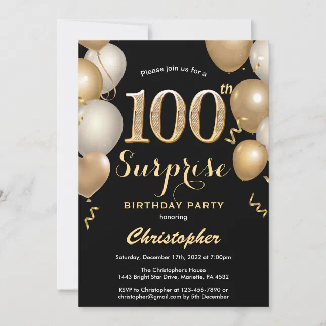 Surprise 100th Birthday Black and Gold Balloons Invitation | Zazzle
