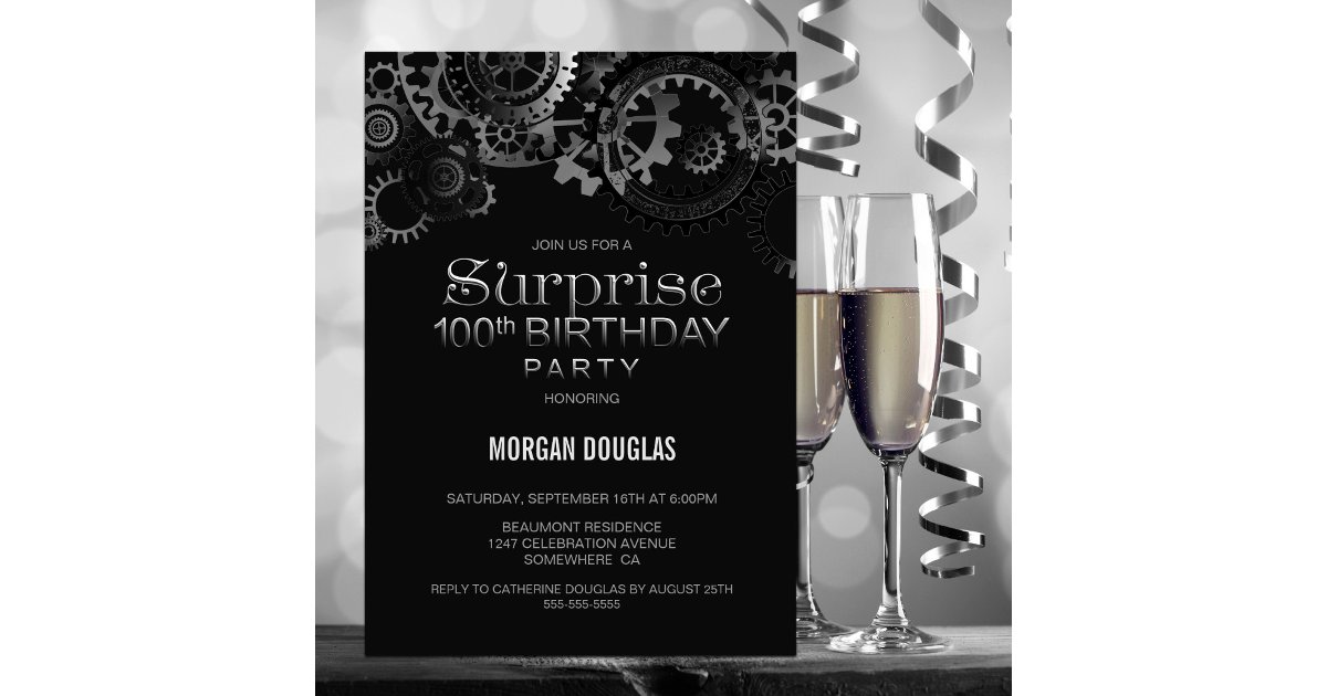 Surprise 100th Birthday Silver Steampunk Invitation | Zazzle