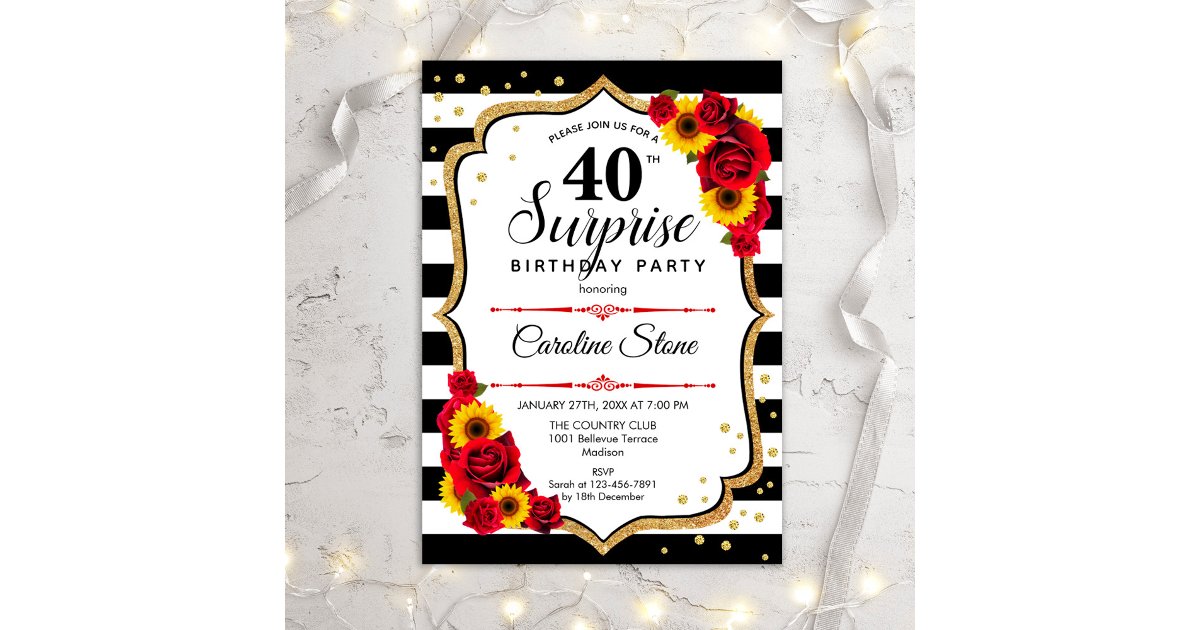 Surprise 40th Birthday - Red Roses Sunflowers Invitation | Zazzle
