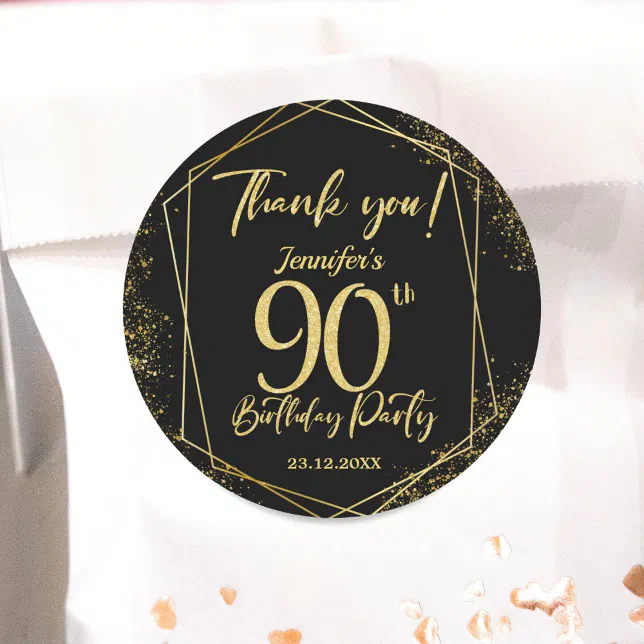 Surprise 90th Birthday Party Black & Gold Glitter Classic Round Sticker ...