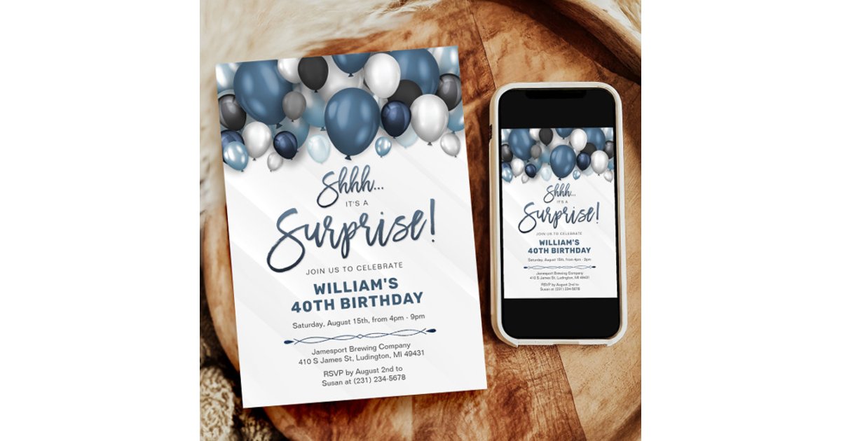 Surprise Birthday Invitation with Blue Balloons | Zazzle