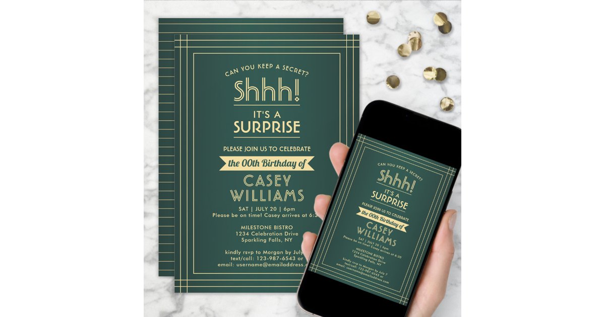 Surprise Birthday Party Shhh! Elegant Green & Gold Invitation | Zazzle