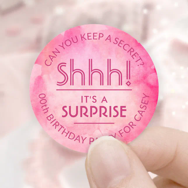 Surprise Birthday Party Shhh! Pink Watercolor Classic Round Sticker ...