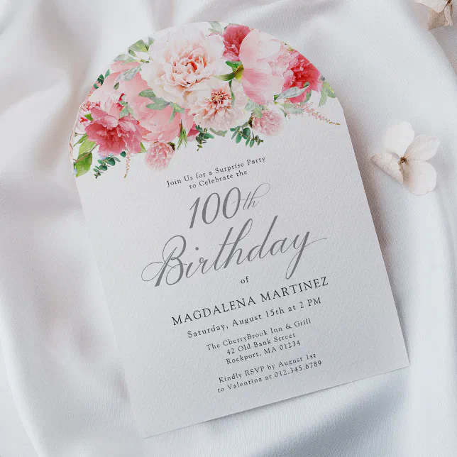 SURPRISE PARTY 100th Birthday Elegant Pink Peony Invitation | Zazzle