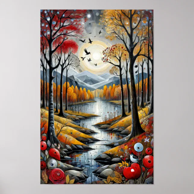 Surreal colourful landscape with a peaceful river poster | Zazzle