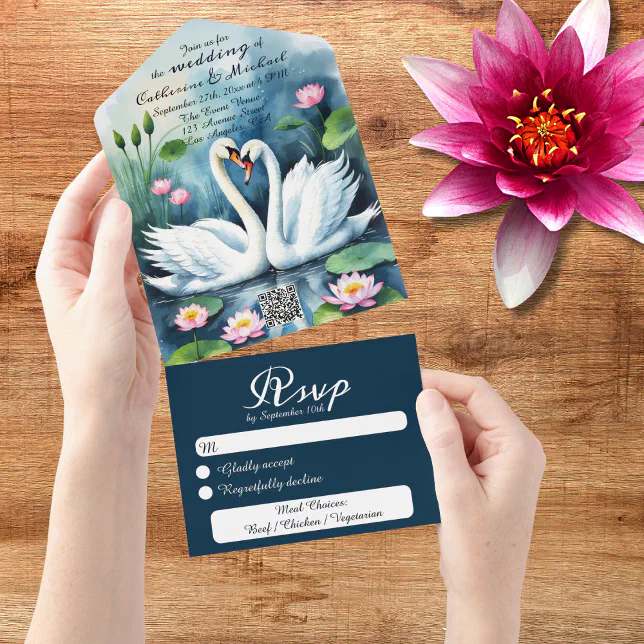 Swan In Love Watercolor Lotus Lake QR Code Wedding All In One ...