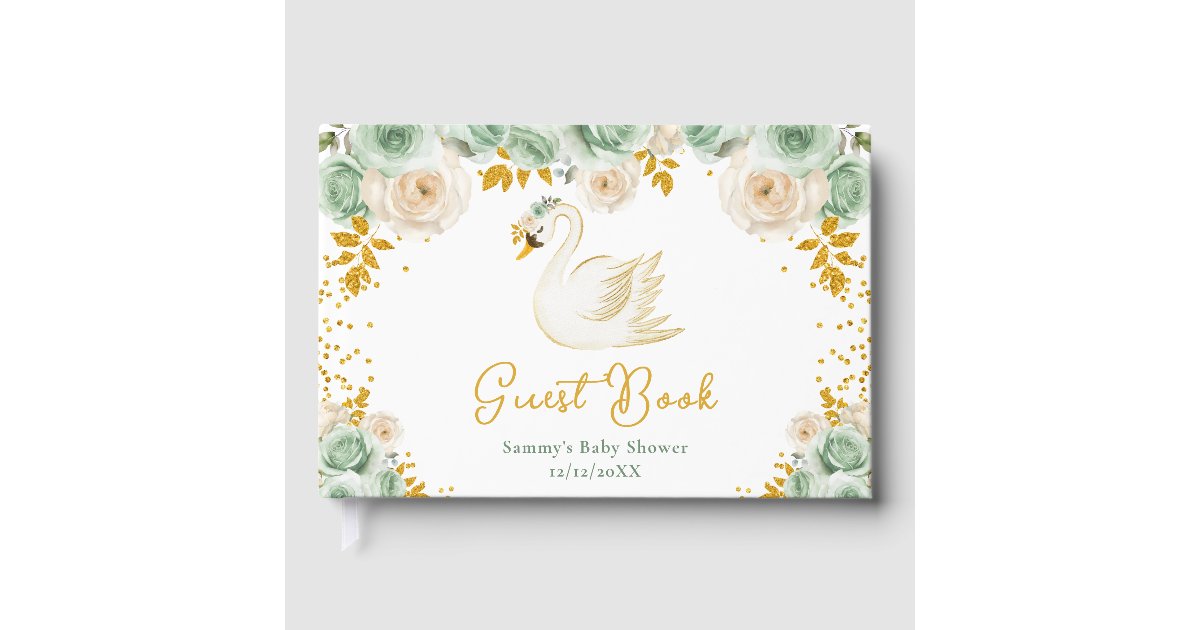 Swan Sage Green and Gold Roses Baby Shower Guest Book | Zazzle