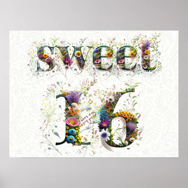 Sweet 16 Happy Birthday Wildflowers Text Poster | Zazzle