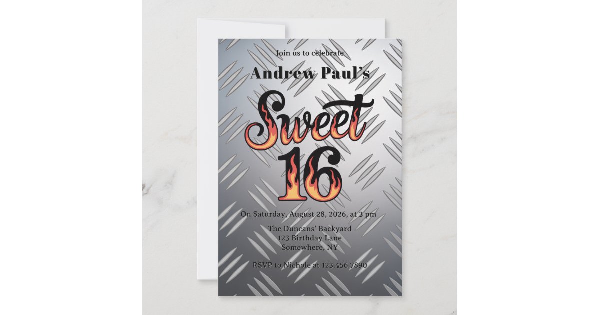 Sweet 16 In Flames and Silver Plate Birthday Party Invitation | Zazzle