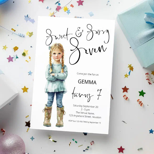 Sweet and Sassy Seven Girl 7th Birthday Party Invitation | Zazzle