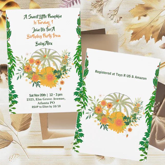 Sweet Little Pumpkin Greenery Fall Colours Birthda Invitation | Zazzle