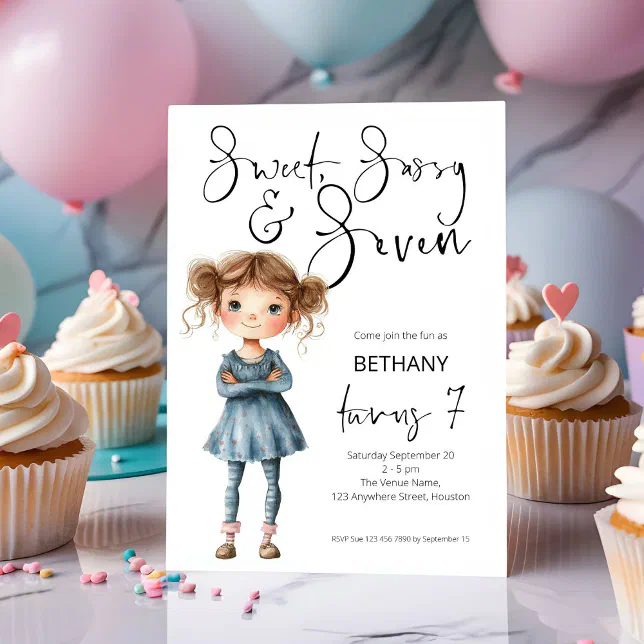 Sweet Sassy and Seven Girl Age 7 Birthday Invitation | Zazzle