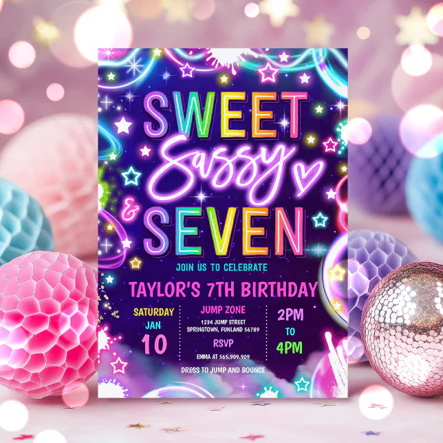 Sweet Sassy And Seven Neon Glow 7th Birthday Party Invitation | Zazzle