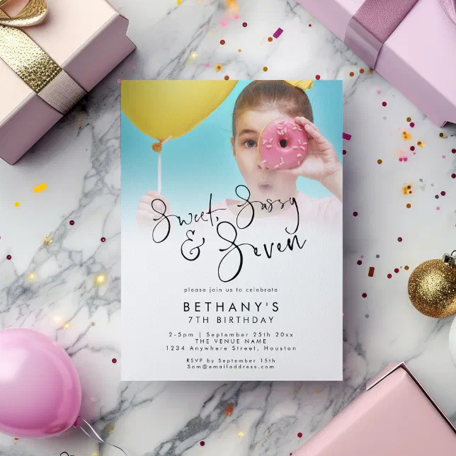 Sweet Sassy and Seven Photo Overlay 7th Birthday Invitation | Zazzle