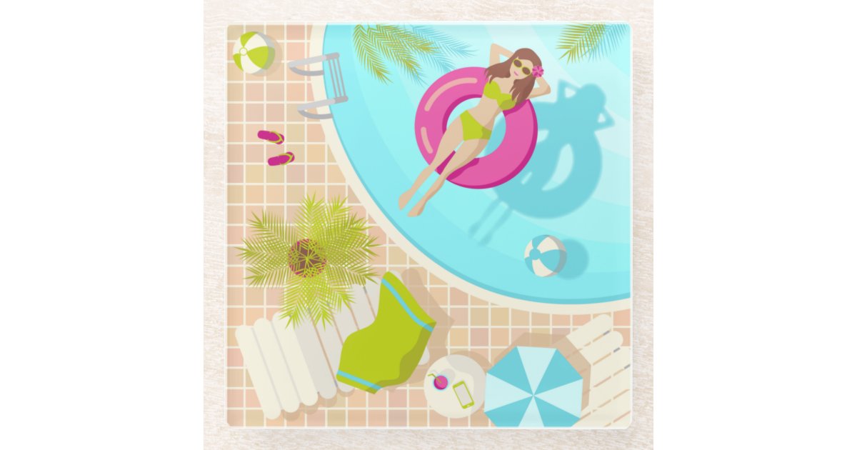 Swimming pool girl in bikini summer beach glass coaster | Zazzle