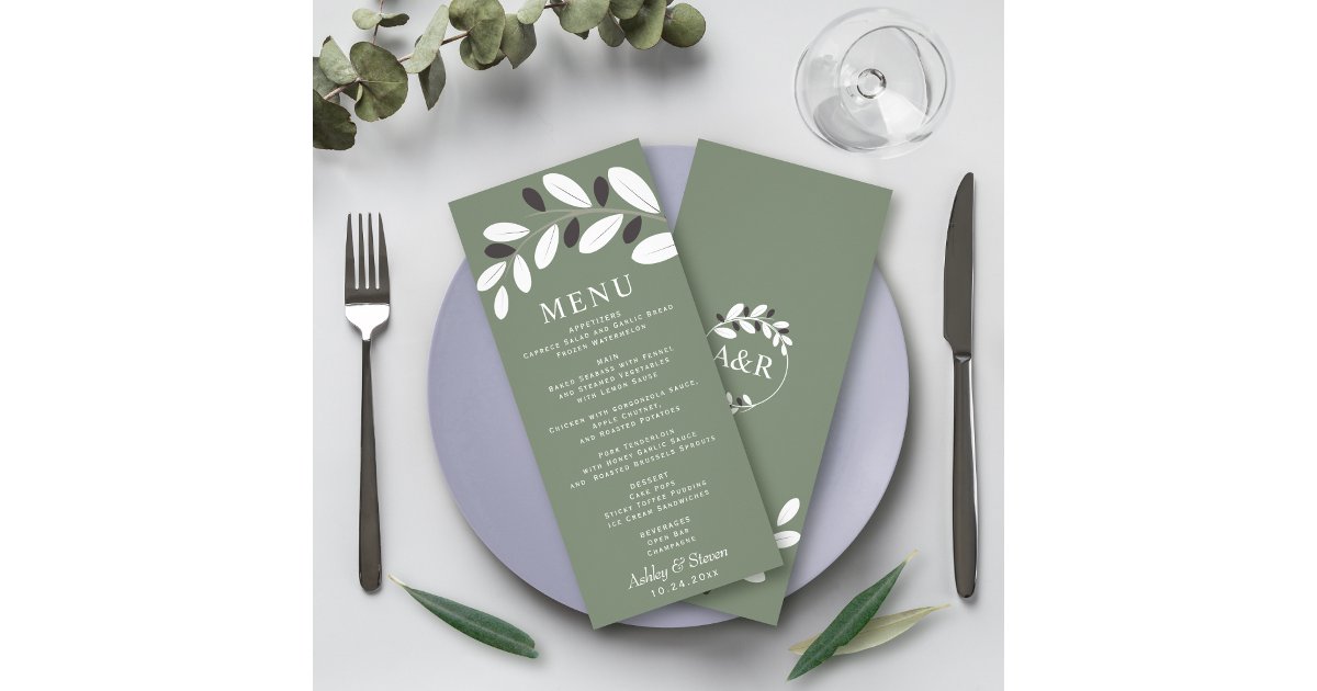 Sylized Olive branch Mediterranean green menu card | Zazzle