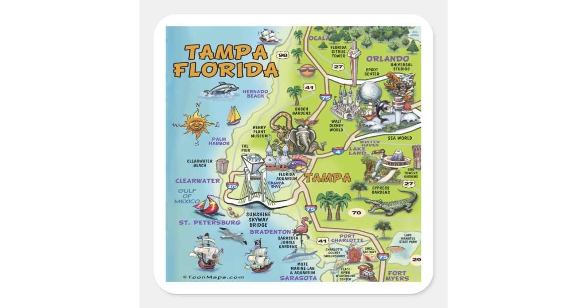 Tampa Florida Cartoon Map Square Sticker | Zazzle