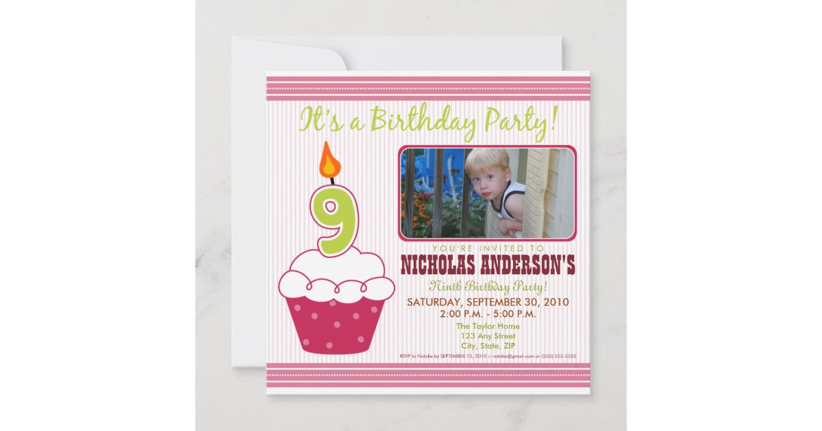 {TBA} Sweet Cupcake 9th Birthday Party Invitation | Zazzle
