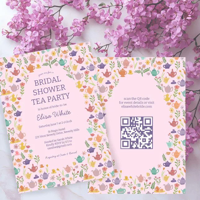Tea Party Bridal Shower Cute CUSTOM QR Code Invitation | Zazzle