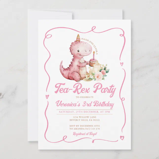 Tea-Rex Party Dinosaur 3rd Birthday Pink Bow Invitation | Zazzle