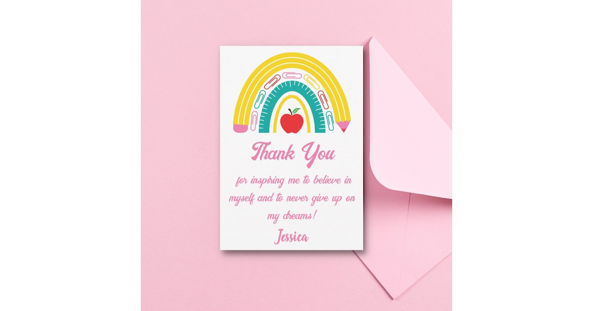 teacher appreciation colourful rainbow pink scrip thank you card | Zazzle