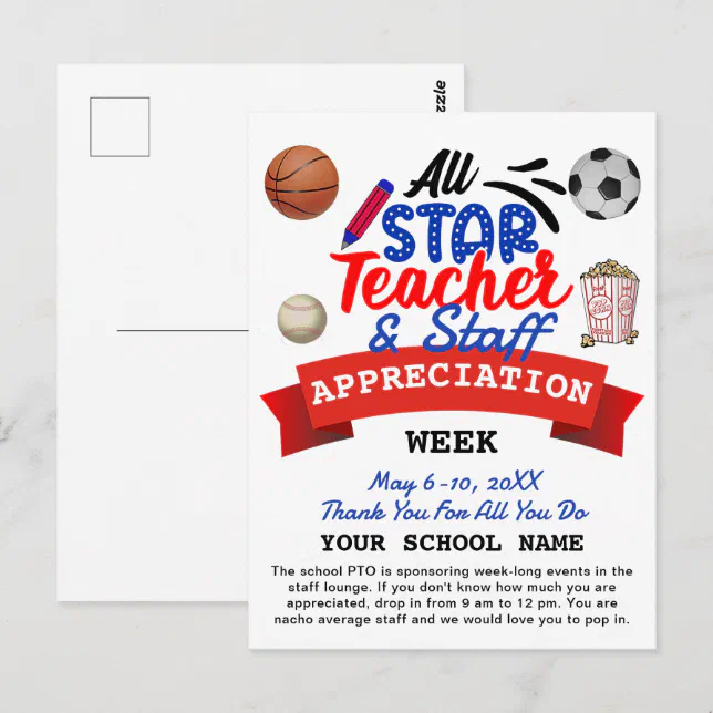 Teacher Appreciation Week All Star PTO Itinerary Postcard | Zazzle