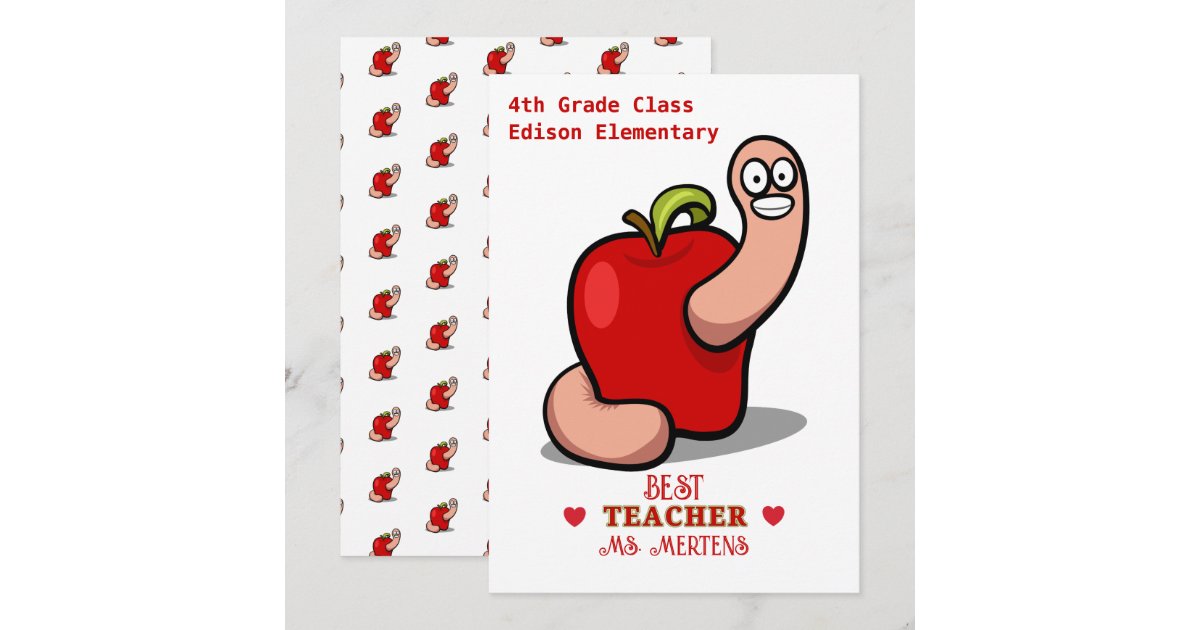 Teacher Appreciation Worm in Apple Add Name Thank You Card | Zazzle