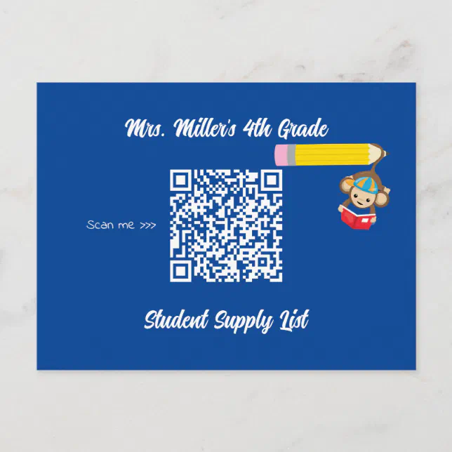 Teacher Classroom Supply List QR Code Monkey Postcard | Zazzle