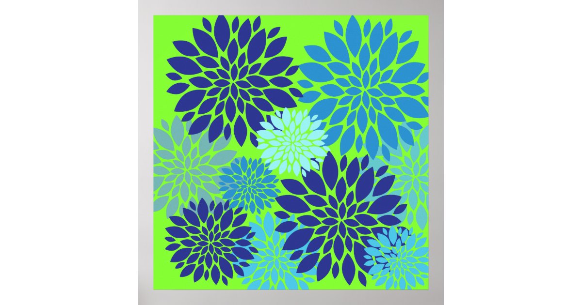 Teal Blue and Lime Green Flower Art Floral Print | Zazzle