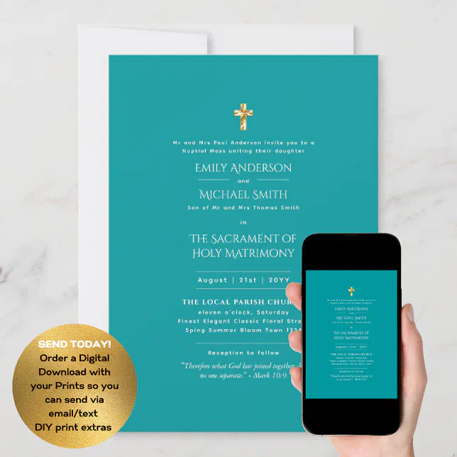 Teal Catholic Nuptial Mass Wedding Invitation | Zazzle