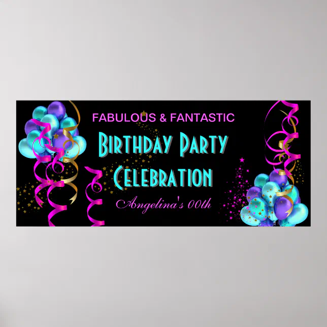 TEAL HOT PINK Banner Birthday Party Celebration Poster | Zazzle