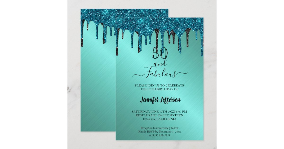 Teal metallic glitter Birthday Invitation | Zazzle