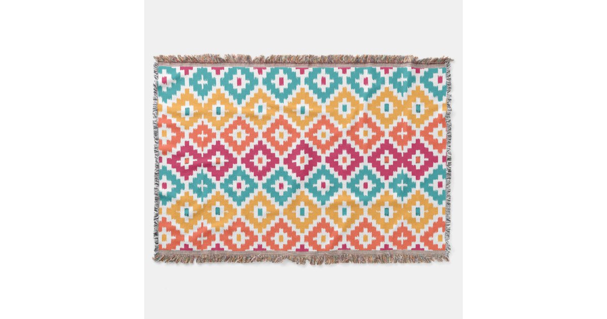 Teal Orange Aztec Tribal Print Ikat Diamond Pattrn Throw Blanket | Zazzle