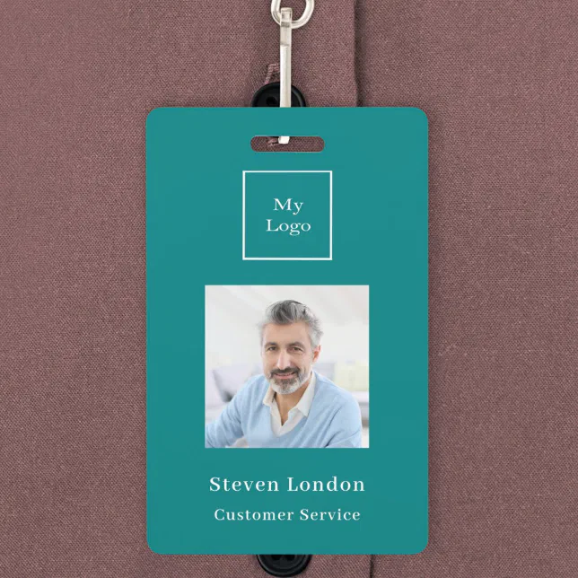 Teal photo name QR code business logo ID Badge | Zazzle
