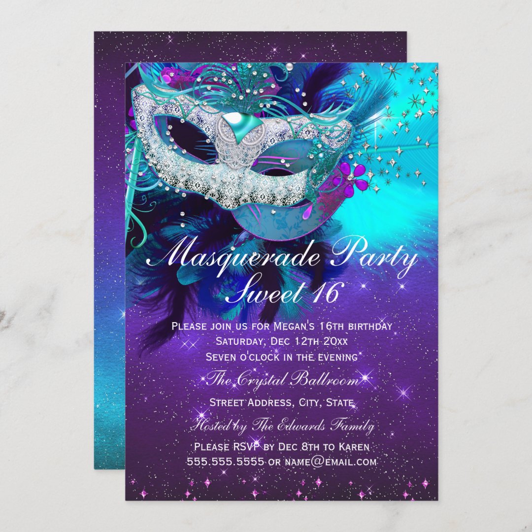 Teal Purple Feather Mask Masquerade Invitation | Zazzle